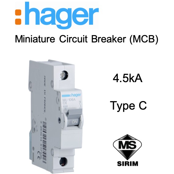 HAGER MY Series 2A 6A 10A 16A 20A 32A 40A 1 Pole MCB 4.5KA (SIRIM APPROVED) | Shopee Malaysia
