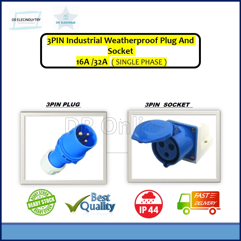 Industrial Plug Socket 3PIN 16A ,32A IP44 Male Female Blue ( 220-240v) TYP013S/TYP023S | Shopee ...