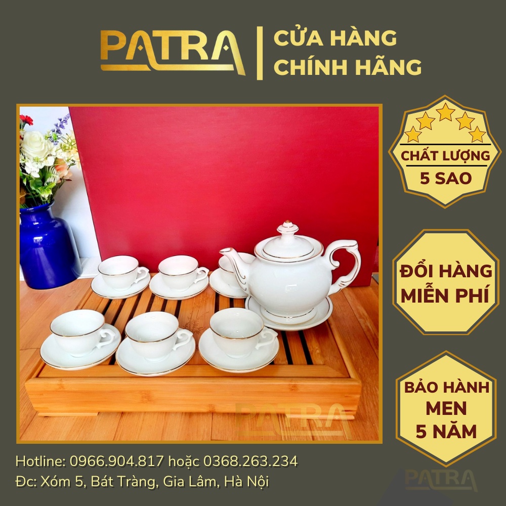 Bat Trang tea set with white enamel and gold rim in rich shape with ...