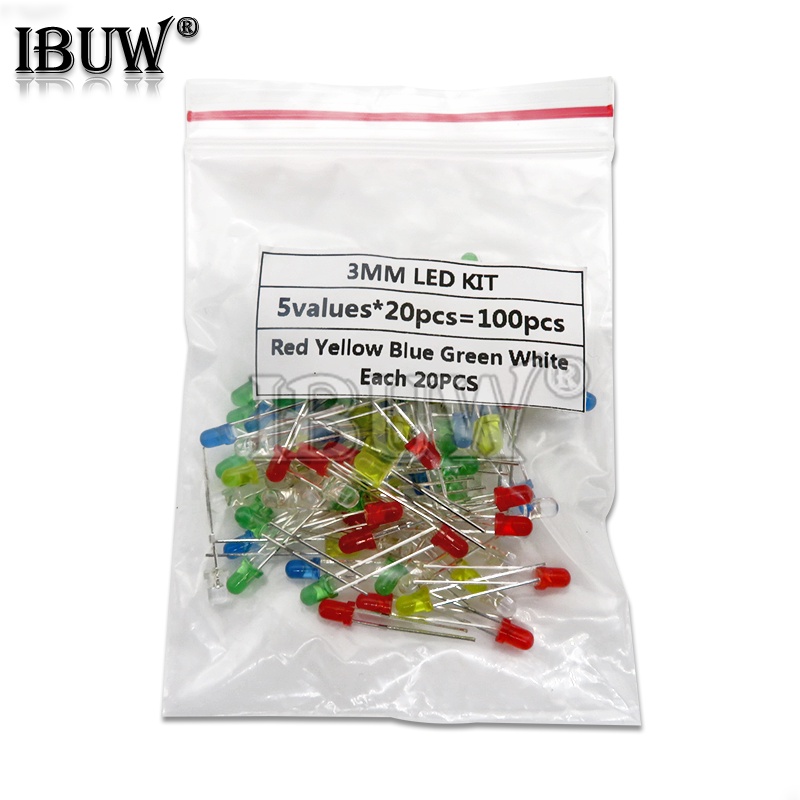 100PCS 3mm LED diode Light Assorted Kit 5Colors*20PCS F3 White Yellow ...