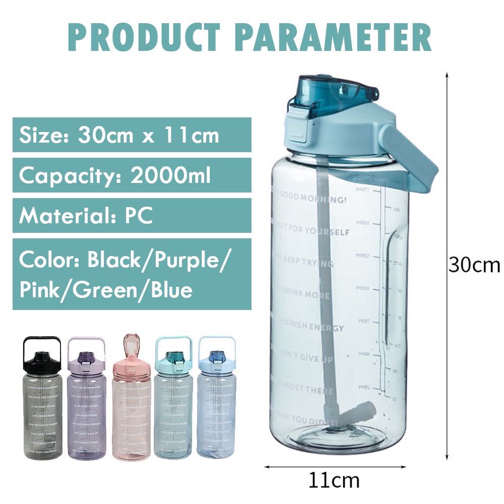 SHIP IN 48HR🌈 2000ML 2L Big Water Bottle with Straw Handle Plastic ...