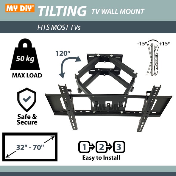 MYDIYHOMEDEPOT -Heavy Duty Double Arm Tv Bracket 32" - 70" Max Load Capacity 50kg / Adjustable ...