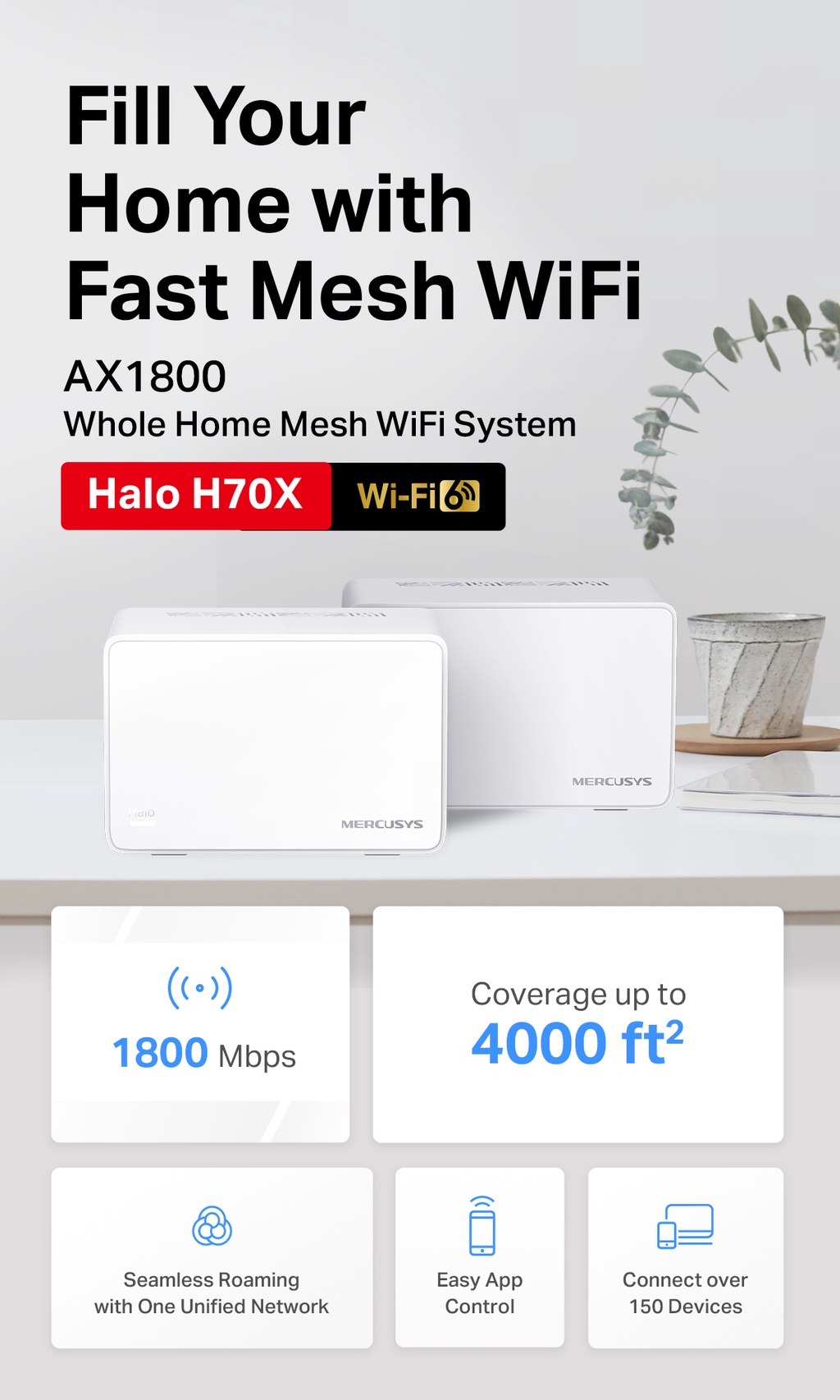 Mercusys AX1800 Whole Home Mesh WiFi 6 Router System Halo H70X(2-Pack ...
