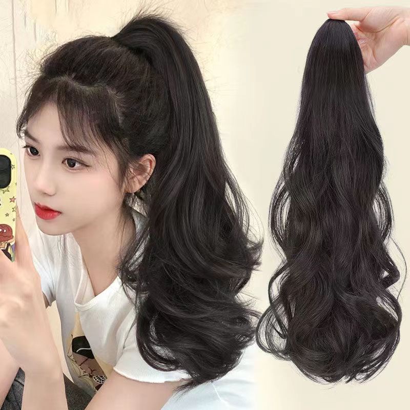 Girl wig grab clip ponytail female lace-up long curly hair big wave ...