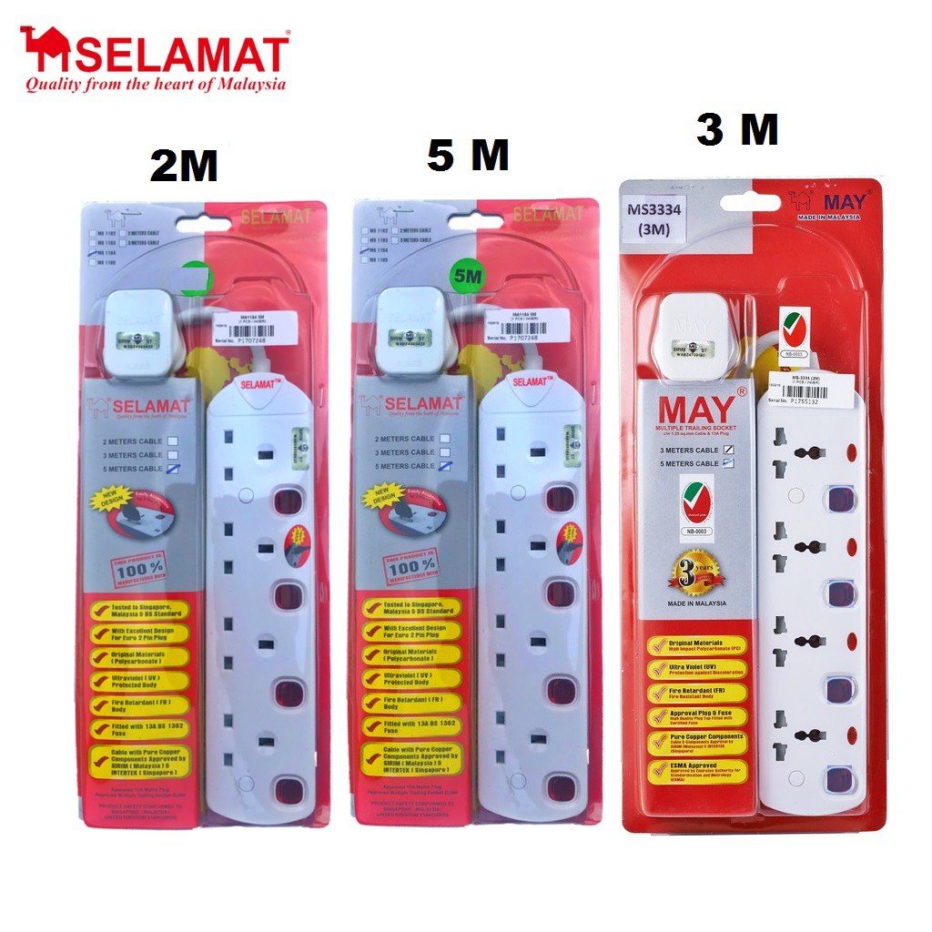 SELAMAT 2&3&5M Portable Extension Socket Universal Trailing Socket ...