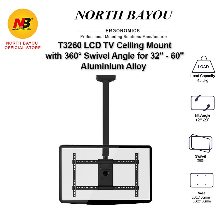 NB T3260 LCD TV Ceiling Bracket with 360° Swivel Angle for 32" - 60 ...