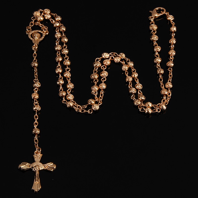 4mm Stainless Steel Rose Gold Rosary Long Chain Charm Necklace. christ ...