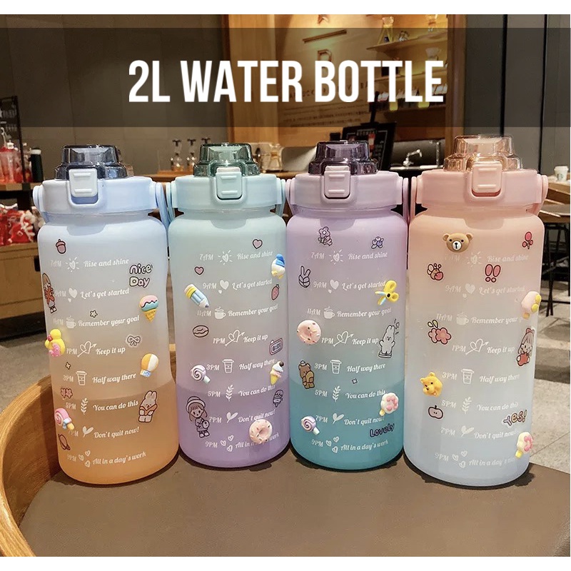 2000ml 2L Water Bottle with Straw Cute Portable Scale Bottle for Water Outdoor Travel Kettle for ...