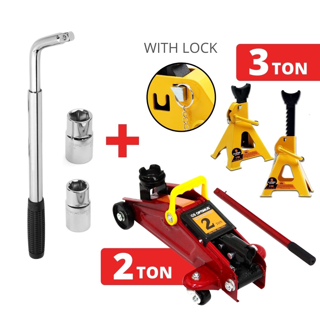 COMBO 2 Ton Hydraulic Floor Jack + 3 Ton Heavy Duty Jack Stand (1Pair ...
