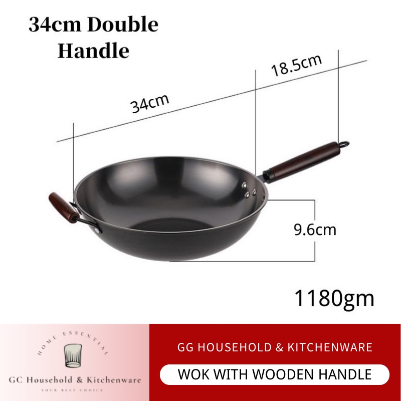 READY STOCK‼️KUALI HITAM BERTANGKAI KAYU/ WOK WITH WOODEN HANDLE ...