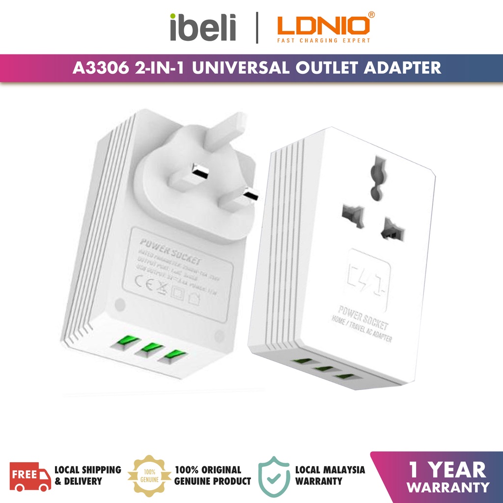 LDNIO A3306 2in1 Universal Outlet & USB Charging Port Travel Converter Adapter | Shopee Malaysia