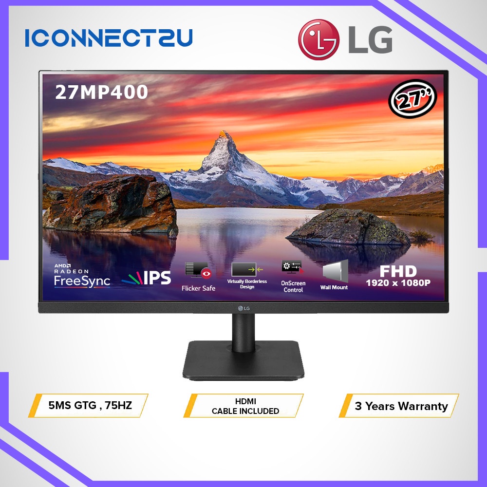 LG 27" 27MP400 AMD FreeSync IPS FHD 75Hz Virtually Borderless Monitor ...