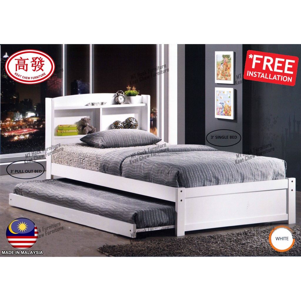 Single Bed +Pull out Wooden Bed Katil Bujang katil Kayu Bookshelf ...