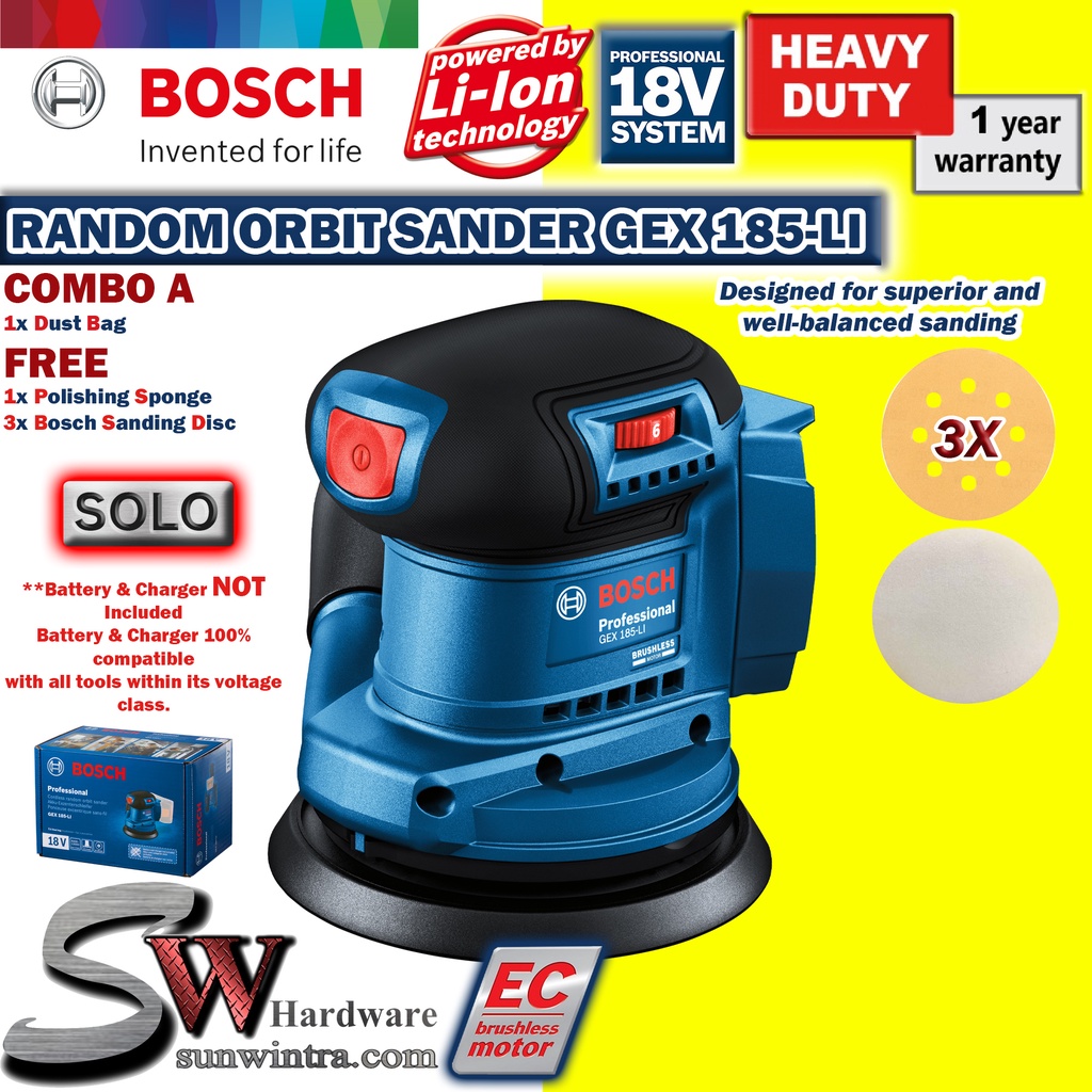 Bosch GEX 185-LI PROFESSIONAL RANDOM ORBIT SANDER GEX185 ** SOLO or BATTERY SET F.O.C Bosch ...