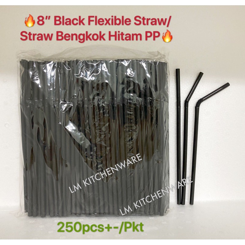 8” BLACK FLEXIBLE STRAW/DISPOSABLE PLASTIC STRAW/STRAW BENGKOK HITAM PP ...