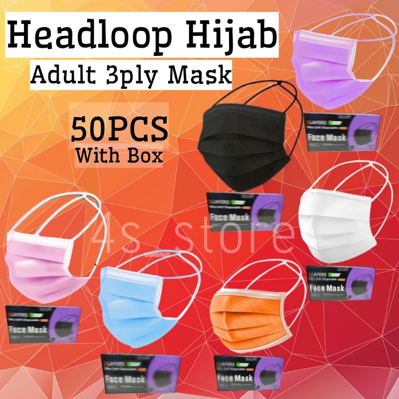 50pcs with Box Head Loop Hijab Mask Earloop Mask 3Ply Face Mask 3 ply ...
