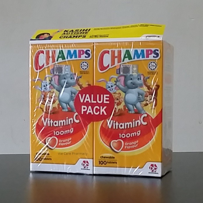 Champs Vitamin C 100mg Orange Flavour Chewable Tablets 2x100's (To ...