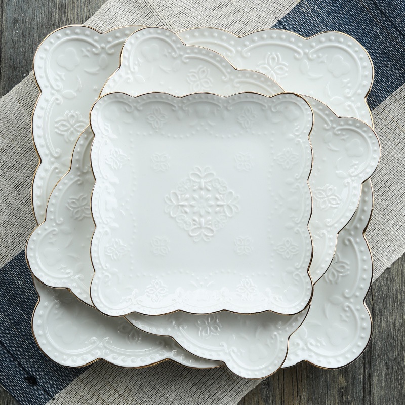 Ins Style Vintage European Embossed Plate French Golden Edge Ceramic ...