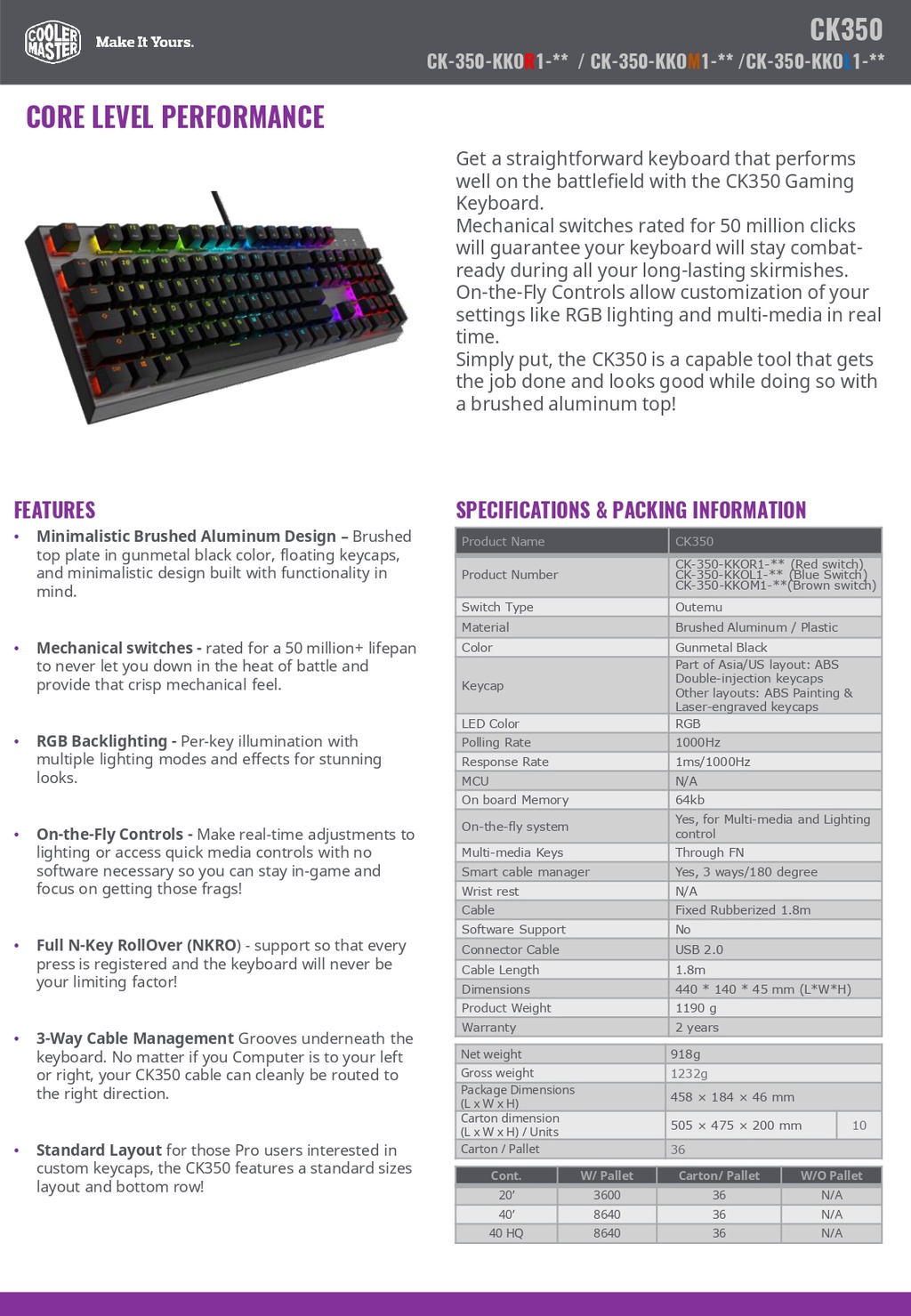 Cooler Master CK350 CK-350 RGB Mechanical Gaming Keybord (OUTEMU BLUE ...