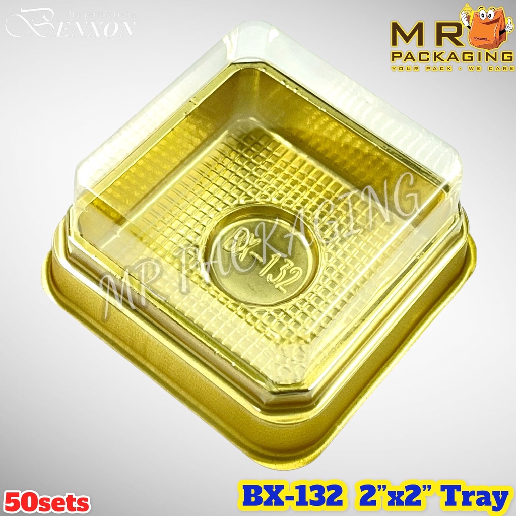 BX-132 2" Plastic Gold Tray & Lid [ 50sets± ] Door Gift Mooncake Bakery Clear OPS PET Food Box ...