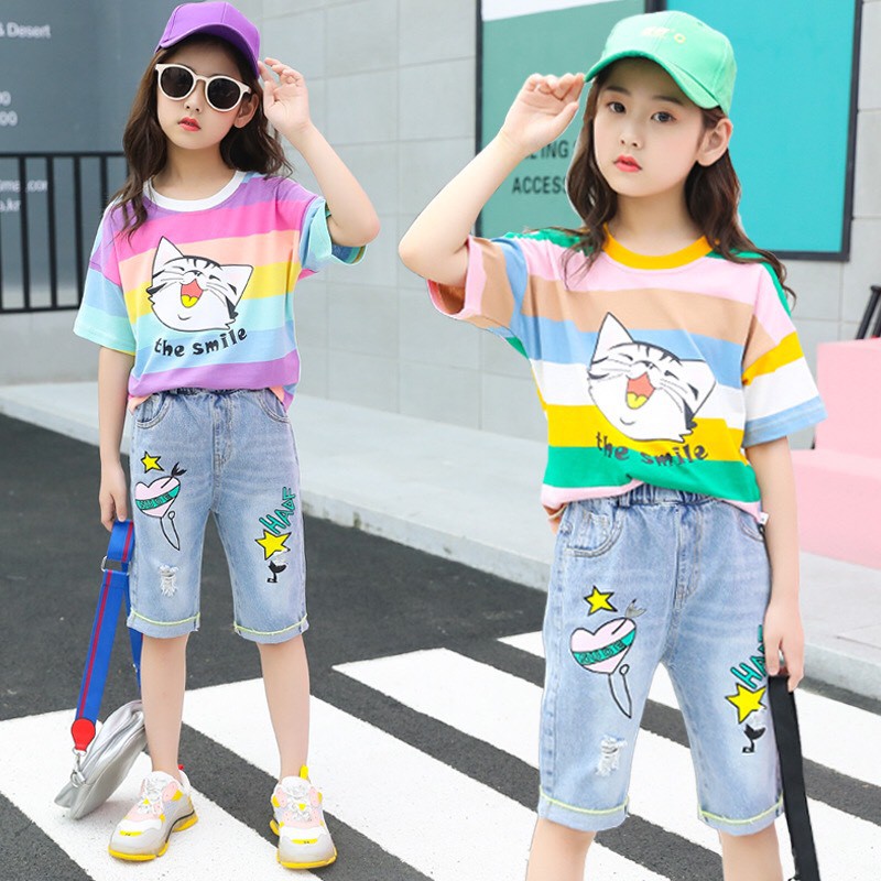 Summer cotton shirt and jeans set for girls. Large size exported ...
