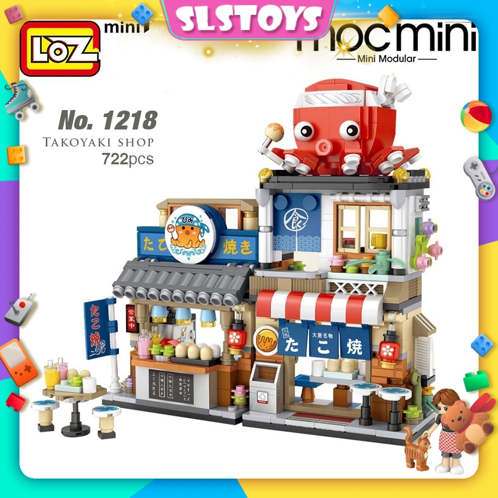 SLSTOYS LOZ 1218 Takoyaki Octopus Food Stall Restaurant Japanese Street View Nano Creative Brick ...