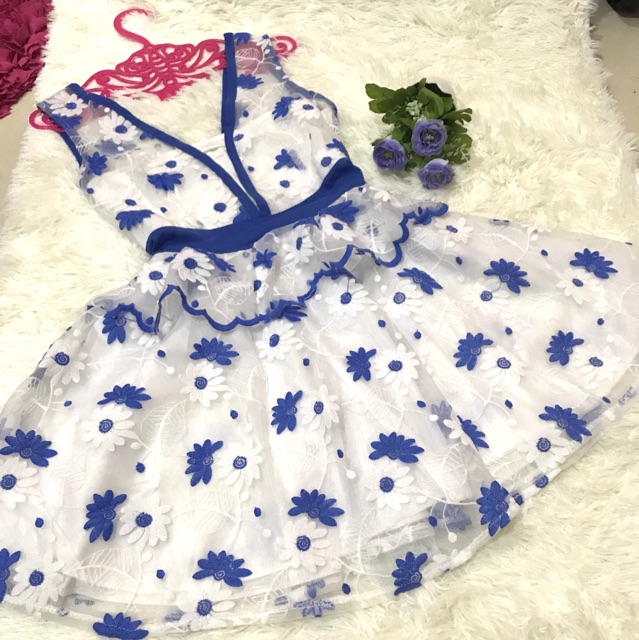 Blue lace flower dress(New) | Shopee Malaysia