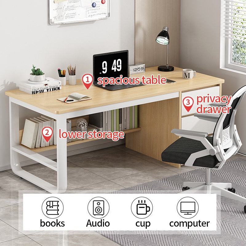 Amy💛Computer Office Desk With Cabinet Storage Shelf Study Table Home meja belajar komputer murah ...