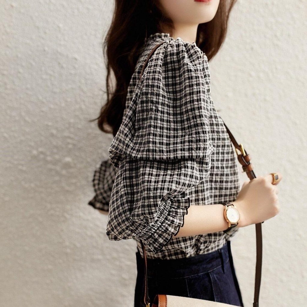 women's chic small top inschic short-sleeved french short plaid shirt ...