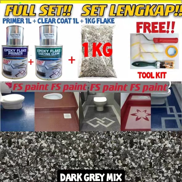 (DARK GREY MIX) Full Set Epoxy Colour Flake Coating ( 1KG FLAKE / 1L ...