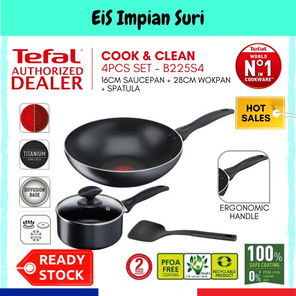 (Ready Stock!!) Tefal Cook & Clean 4piece Non Stick Cookware Set (B225S4) ( Wokpan + Saucepan ...