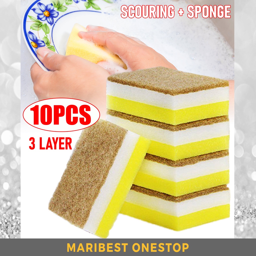 10 PCS DISHWASH SPONGE 3 Layer Sponge Scouring Pads Pot Stain Removal ...