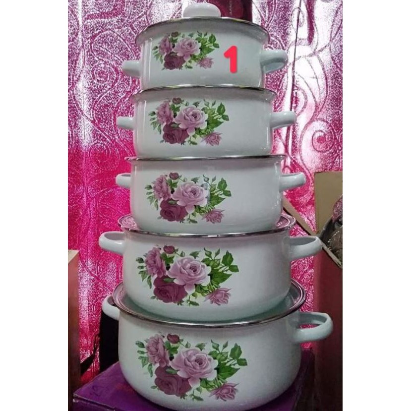 PERIUK ENAMEL 5 BERADIK TUDUNG KACA. REOONA ENAMEL POT SET 16/18/20/22 ...