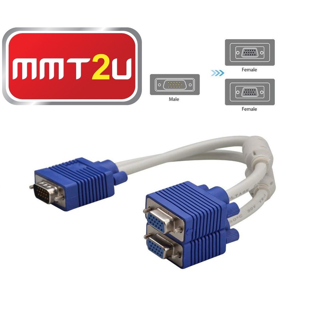 TINYTECH HD 15PIN VGA 1 MALE TO 2 FEMALE LCD MONITOR Y SPLITTER CABLE (2VGA01) | Shopee Malaysia