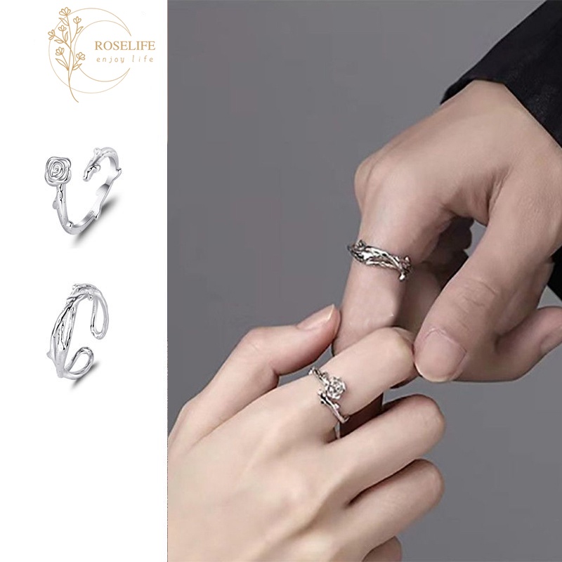 Roselife Elegant Silver Thorn Rose Couple Rings for Lovers Chic ...