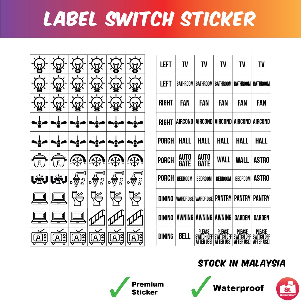 Sticker Suis Lampu Pekakas Electrik Switch Label Icon Words Waterproof ...