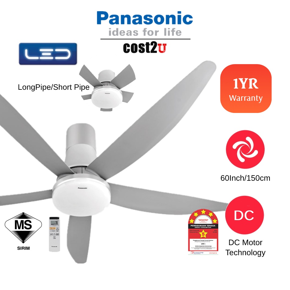 Panasonic 60" 5 Blades LED Ceiling Fan (Short/Long Pipe) DC MOTOR | F ...