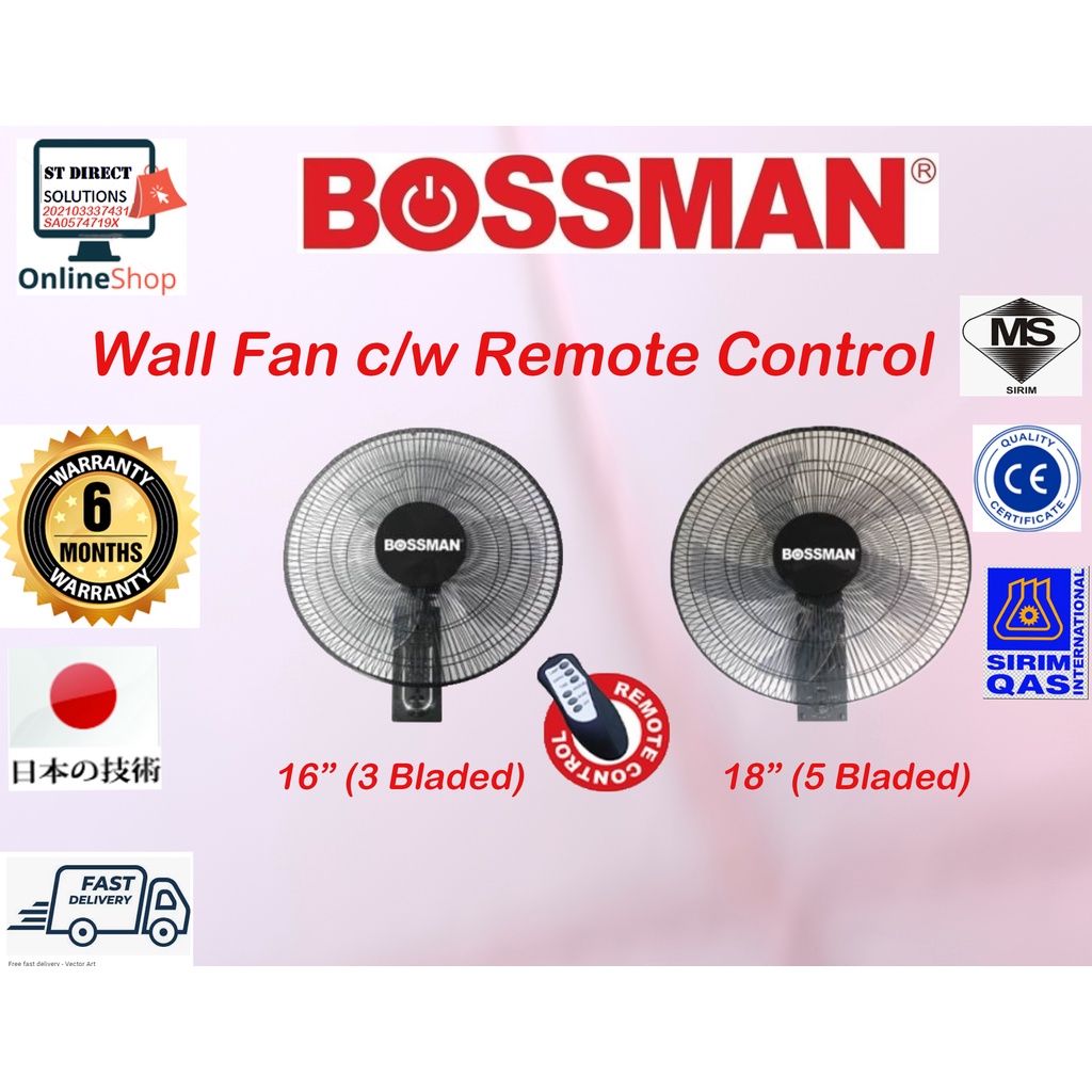 BOSSMAN WALL FAN 16 & 18 INCI WITH REMOTE CONTROL (BRW161-DG/BRW181-DG ...