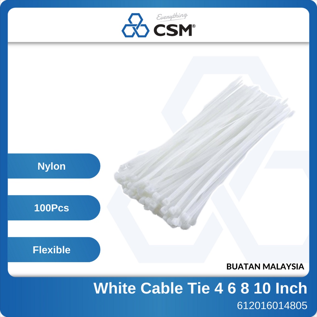 CSM White Cable Tie 4/6/8'' Inch Tali PVC Plastic Flexible Lock Zip ...