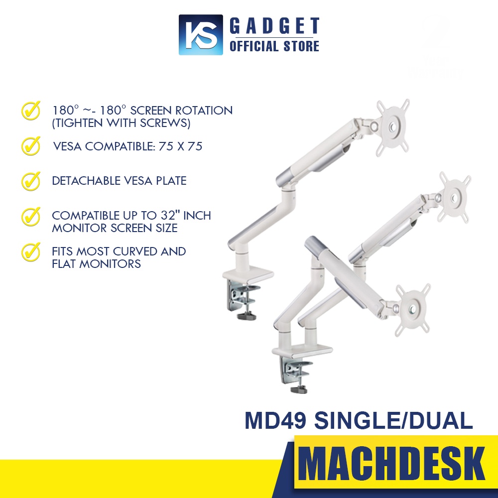 MachDesk MD49 Single /Dual Slim Mechanical Spring Monitor Arm White ...