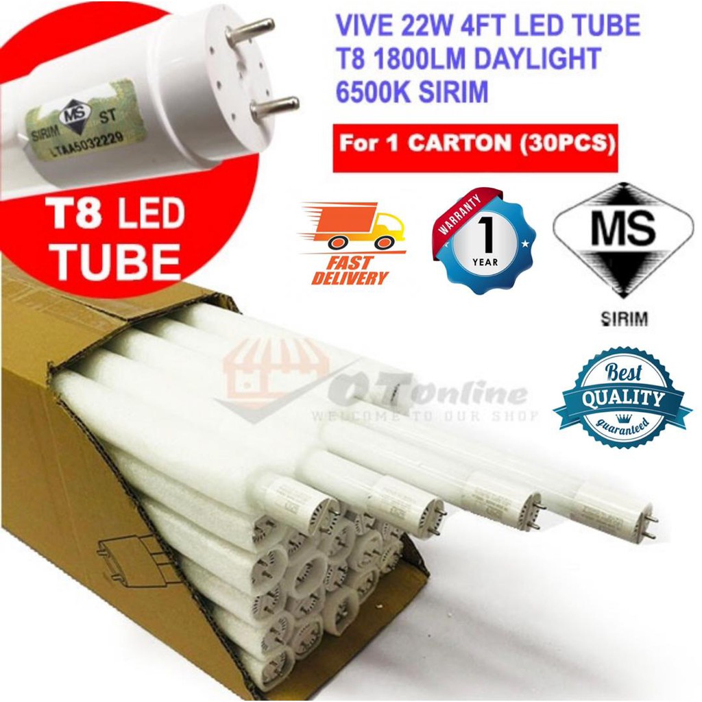 30pcs VIVE 22W 4ft LED Tube T8 1800lm Daylight 6500K Sirim Lampu Panjang LED Wholesale Price ...