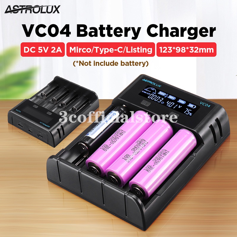 Astrolux VC04 Battery Charger Micro Type-C 2A Quick Charge Li-ion Ni-MH ...