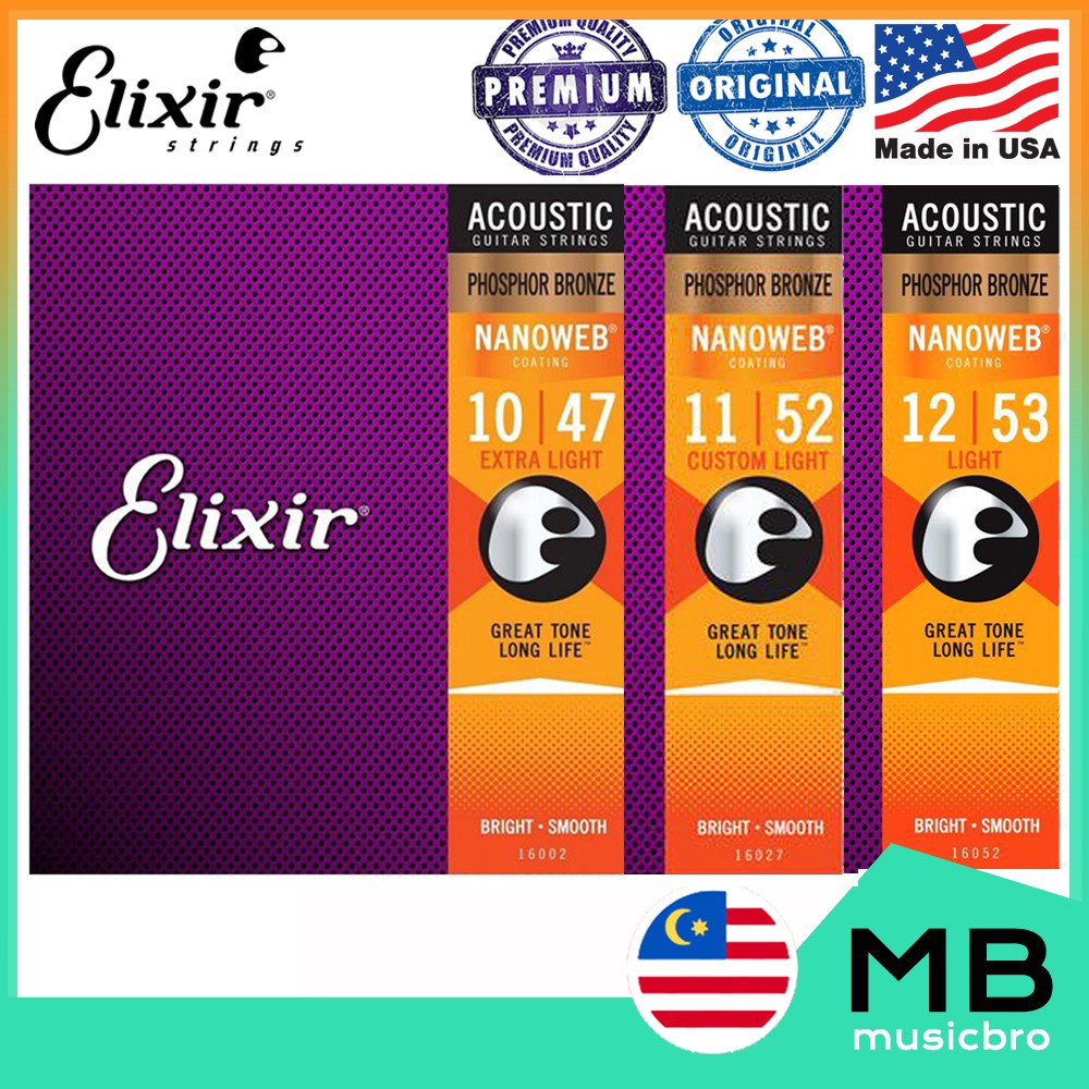 Elixir strings 16002 16027 16052 Acoustic Guitar String Phosphor Bronze ...
