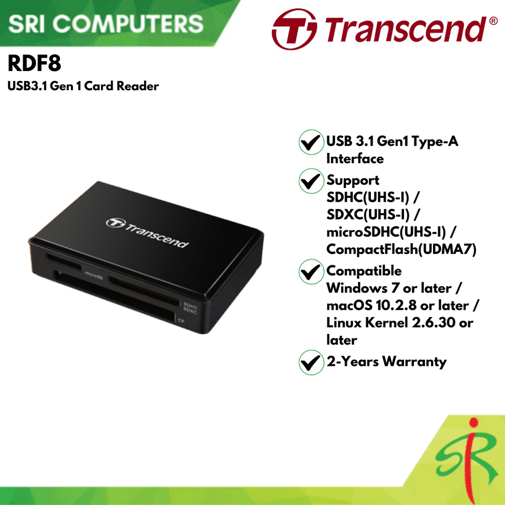 Transcend RDF8 USB3.1 Gen 1 Card Reader (2-YEARS WARRANTY) | Shopee ...