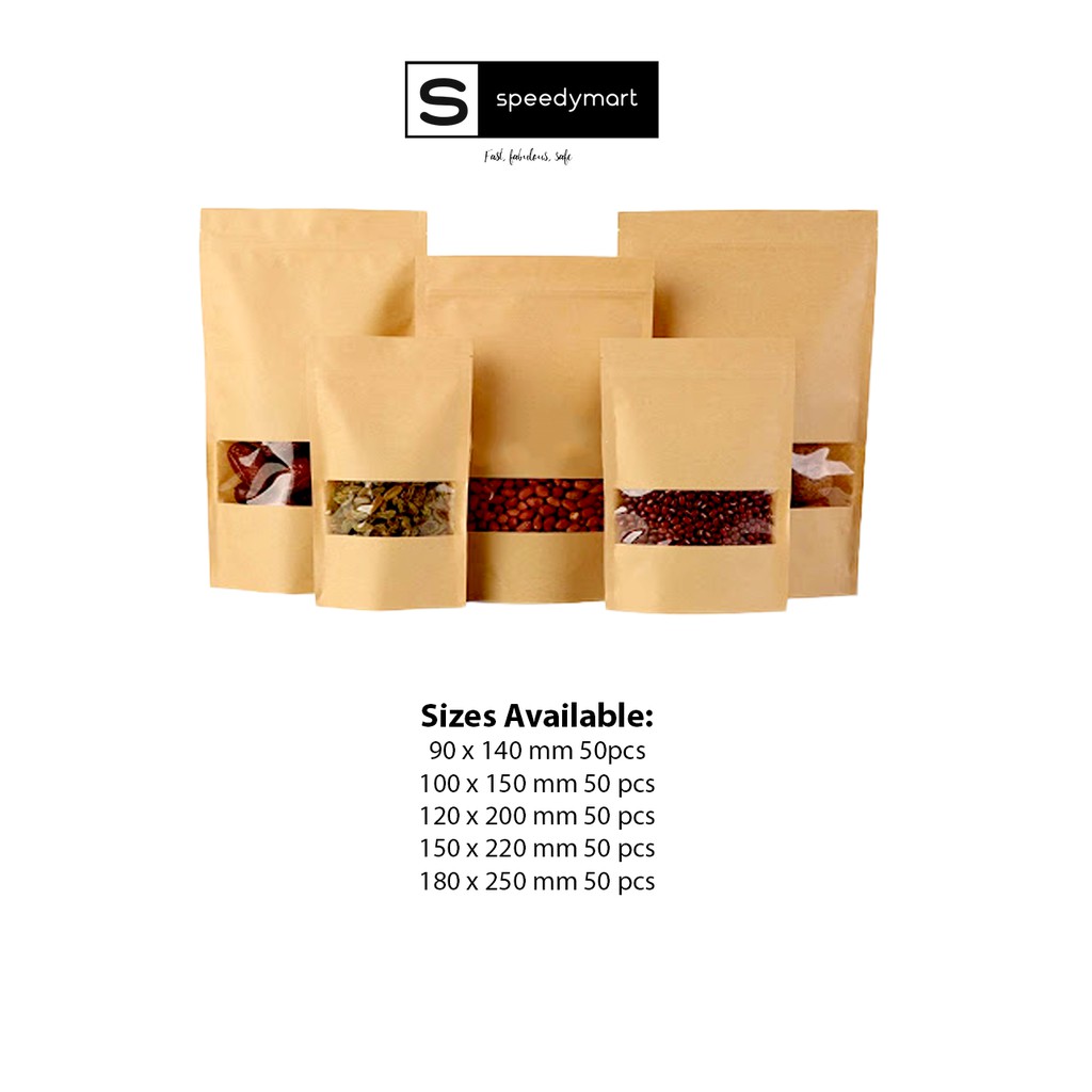 (50 PCS) Brown Kraft Paper Bag Stand Pouch Zip Lock with Display Window ...