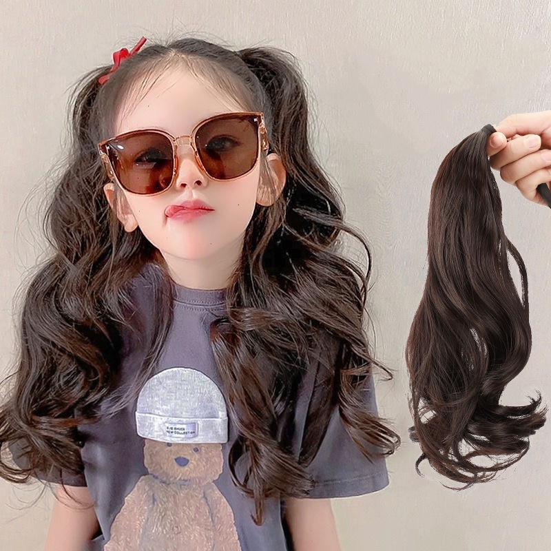 Girls Hair Wig Children Long Curly Wigs One Piece With Ribbon Cute Kids ...
