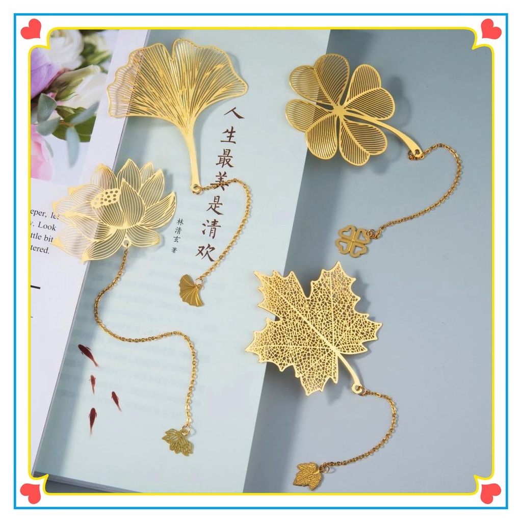 Metal Bookmarks with Chain Penta Angel Gold Vintage Hollow Clover Lotus ...