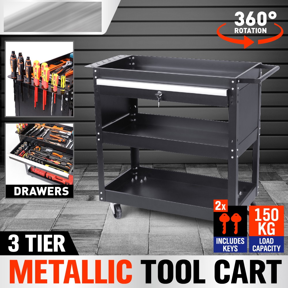 3 Tier Tool Cart Storage Trolley Lock Drawer Parts Organizer Mechanic ...
