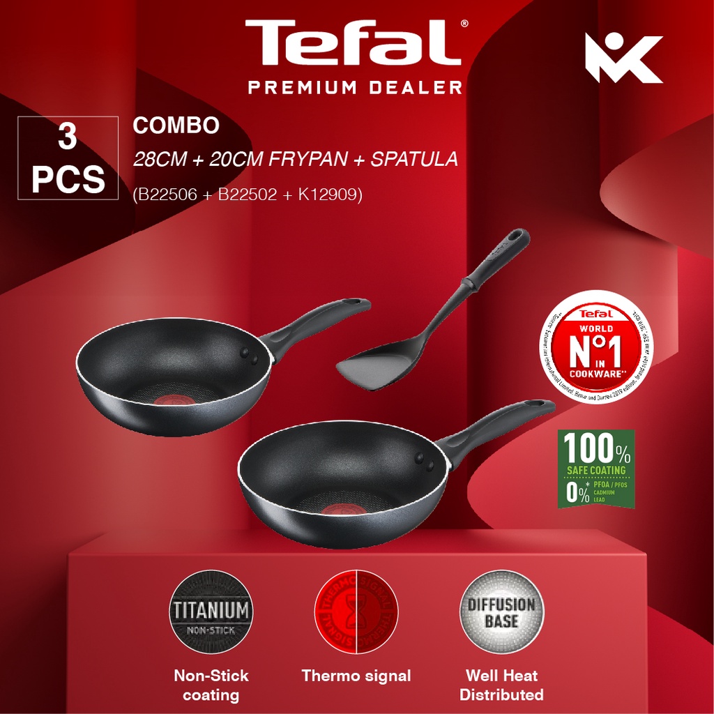 Tefal 3 in 1 Cook & Clean Cookware (28cm + 20cm + Spatula) Bundle Set (B22506 + B22502 + K12909 ...