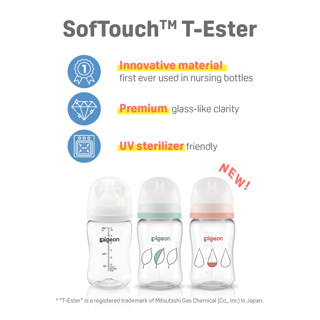 Pigeon SofTouch™ Wide-Neck T-Ester Nursing Bottle - Dewdrop & Leaf/Size SS/M (200ml/300ml ...
